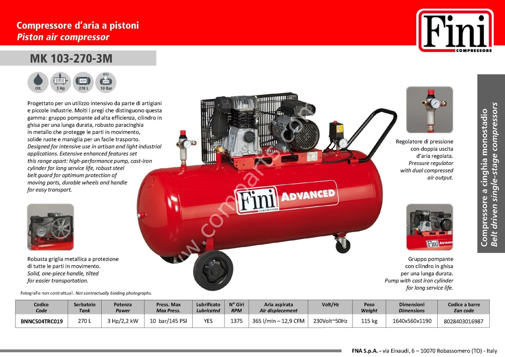 Fini MK103-270-3M Kompresör | 270 lt – 3 hp – 230V – Yağlı Tip Monofaze ...